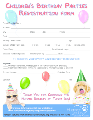 Fillable Online humanesocietytampa Hildren s Birthday Parties ...
