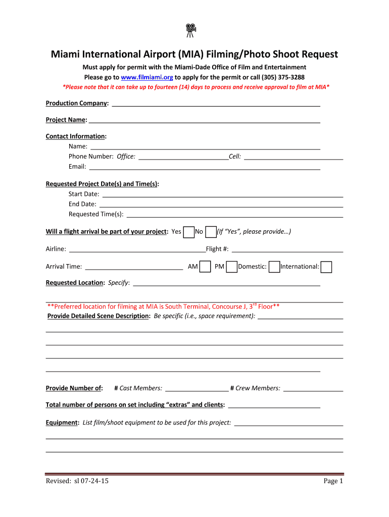 Fillable Online Miami International Airport MIA FilmingPhoto Shoot ...