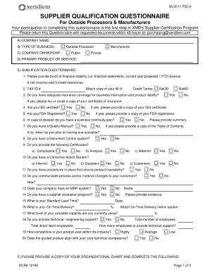 Fillable Online SUPPLIER QUALIFICATION QUESTIONNAIRE Fax Email Print ...