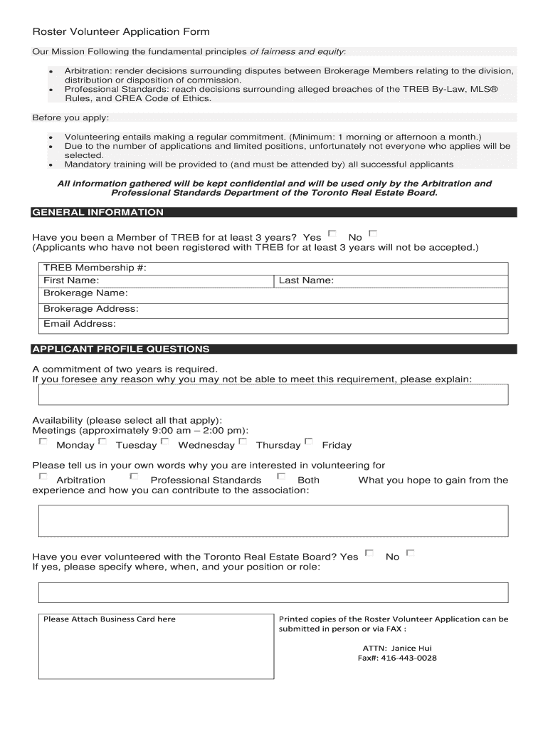 Fillable Online profile torontomls Roster Volunteer Application Form ...