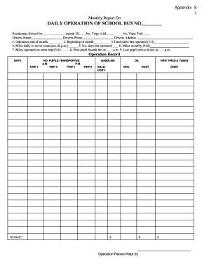 Fillable Online 1 Monthly Report On DAILY OPERATION OF SCHOOL BUS NO ...