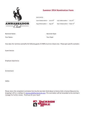 Fillable Online Summer 2014 Nomination Form DUE DATES: th June ...