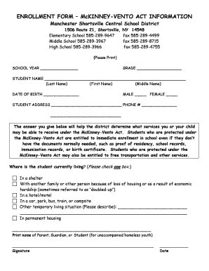Fillable Online redjacket ENROLLMENT FORM McKINNEY-VENTO ACT ...