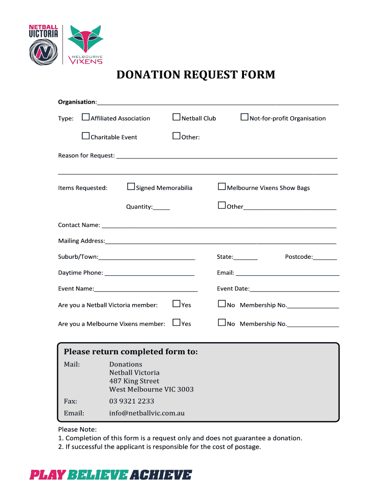 Fillable Online Donation request bformb - Netball Victoria Fax Email ...