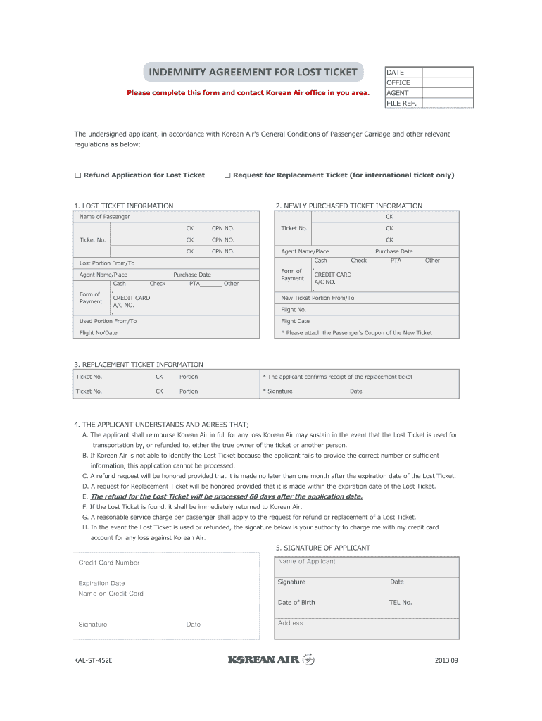 Fillable Online Indemnity bagreementb for lost ticket - Korean bAirb ...