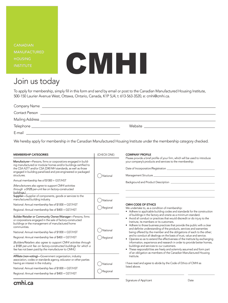 Fillable Online Canadian ManufaCtured Housing institute CMHI Fax Email ...