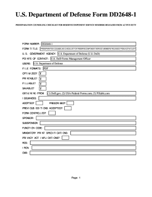Fillable Online U.S. Department of Defense Form DD2648-1. PRESEPARATION ...