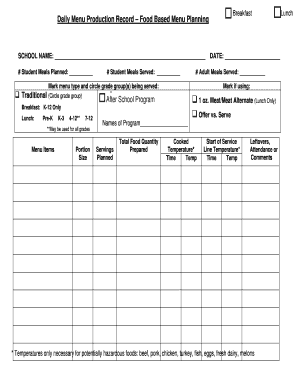 Fillable Online BDaily Menu Production Recordb Food Based Menu Planning ...