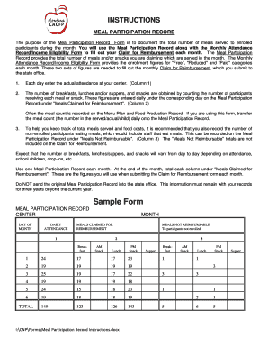 Fillable Online MEAL PARTICIPATION RECORD Fax Email Print - pdfFiller