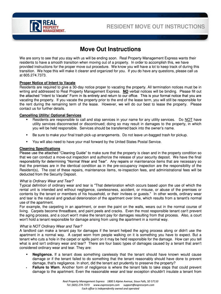 Fillable Online RESIDENT MOVE OUT INSTRUCTIONS Fax Email Print - pdfFiller