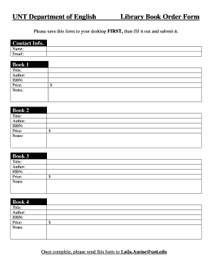 Fillable Online UNT Department of English Library Book Order Form Fax Email Print - pdfFiller