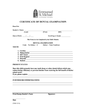 Fillable Online CERTIFICATE OF DENTAL EXAMINATION with logo Fax Email ...