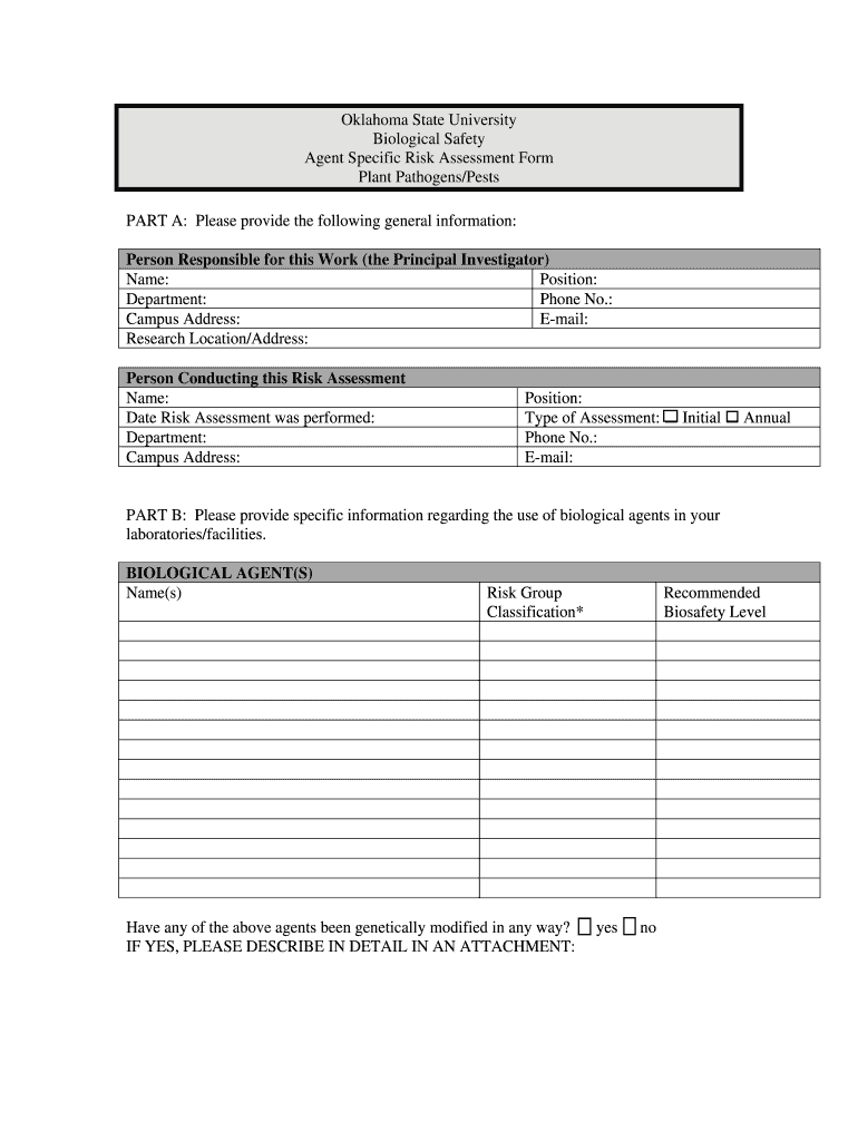 Fillable Online compliance okstate Agent Specific Risk Assessment Form ...