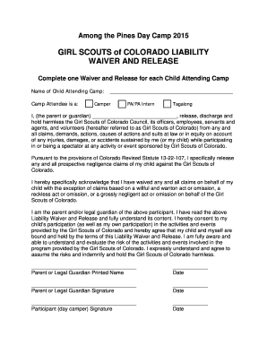 Fillable Online GIRL SCOUTS of COLORADO LIABILITY WAIVER AND RELEASE ...