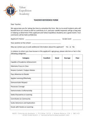 Fillable Online tahoeexpeditionacademy Teacher Reference Form - Tahoe Expedition Academy ...