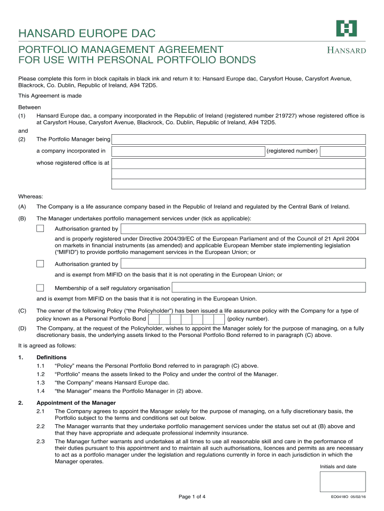 Fillable Online Porfolio management agreement for use with personal Portfolio Bonds HEL form ...