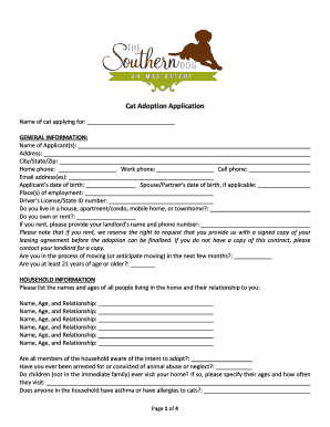 Fillable Online Cat Adoption Application - The Southern Dog Fax Email ...