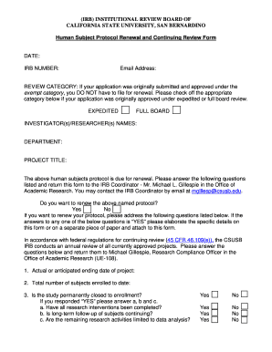 Fillable Online irb csusb Human Subject Protocol Renewal and Continuing Review Form Fax Email ...