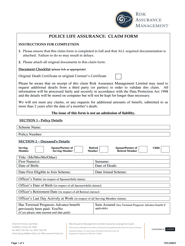 Fillable Online lancashirepolfed org POLICE LIFE ASSURANCE CLAIM FORM ...