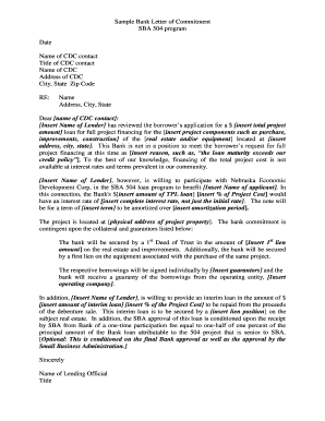Fillable Online Sample Bank Letter of Commitment SBA 504 program Date ...