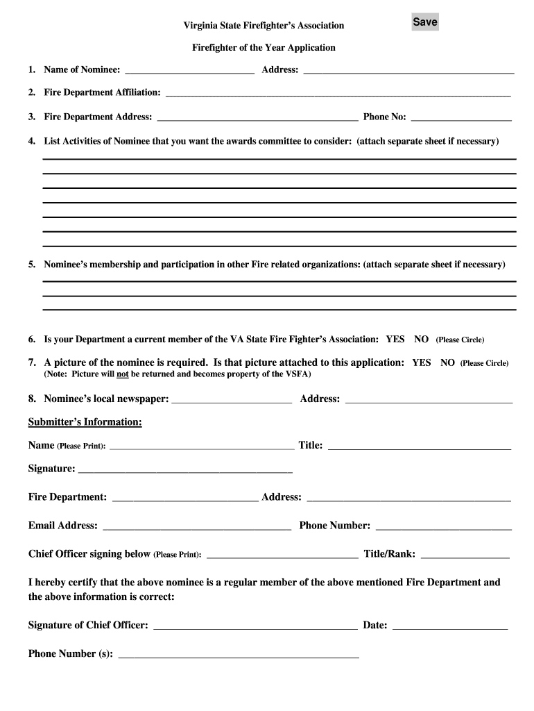 Fillable Online vsfa Virginia State Firefighter's Association Firefighter of the Year ... - VSFA ...