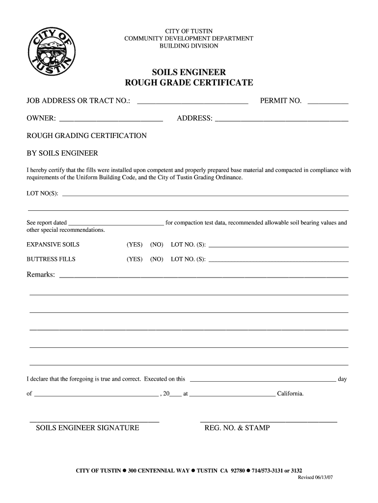 Fillable Online econnect tustinca SOILS ENGINEER ROUGH GRADE ...