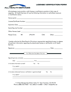 Fillable Online LICENSE VERIFICATION FORM - All Health Services Fax ...