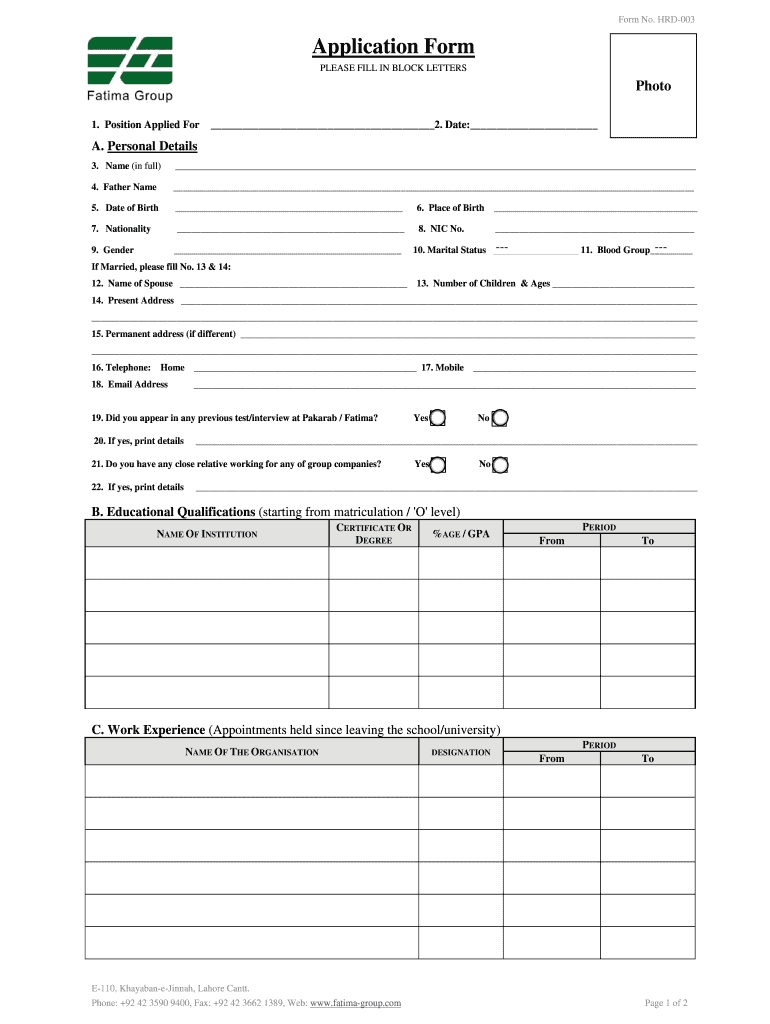 Fillable Online Application form PFL Rev 2 - bFatimab bGroupb Fax Email ...