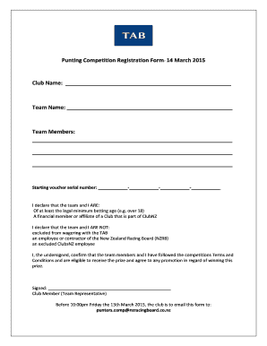 Fillable Online Punting Competition Registration Form 14 March 2015 ...