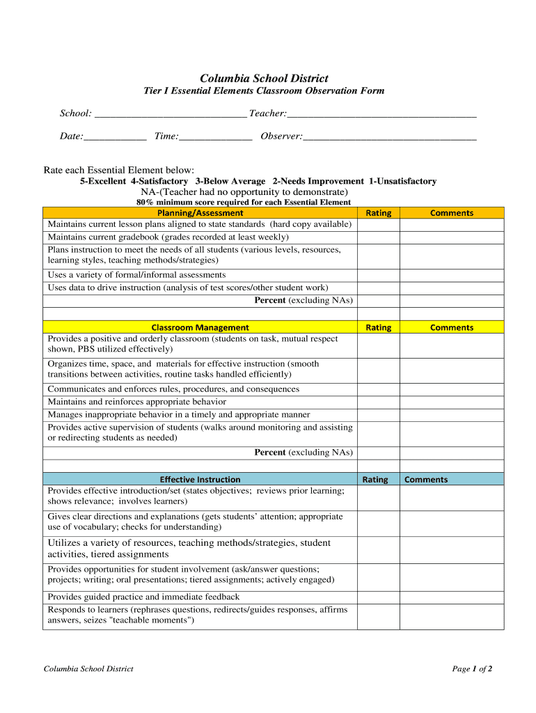 Fillable Online Tier I Classroom Observation Form Fax Email Print ...