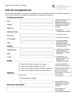 Remplissable En Ligne Fiche de renseignements - Minist re de l'Education nationale, de l ... Fax ...