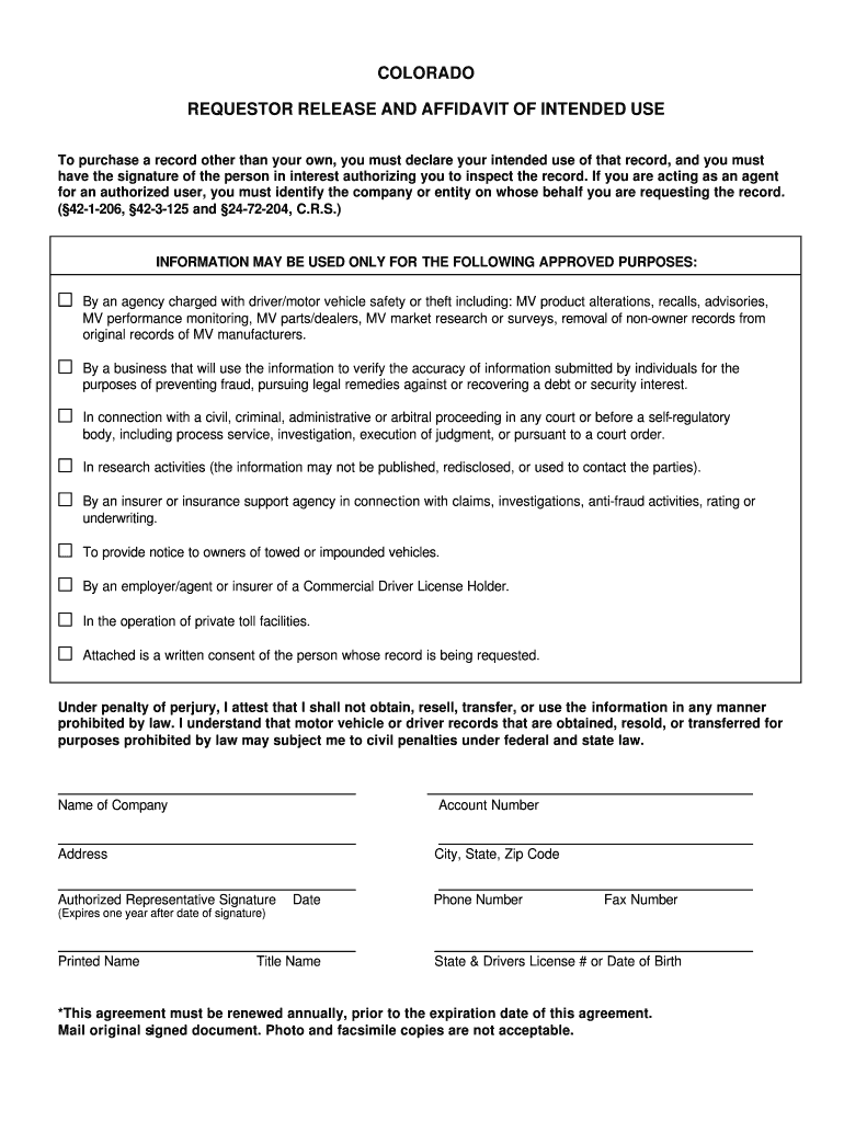 Fillable Online COLORADO REQUESTOR RELEASE AND AFFIDAVIT OF INTENDED ...