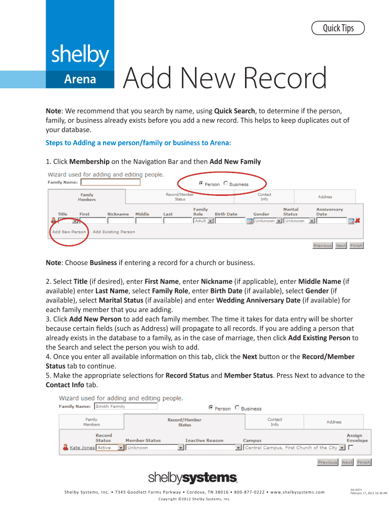 Fillable Online Add New Record - Church Management Software Shelby ...