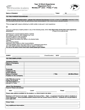 Fillable Online ilfracombeacademy org Year 10 Work Experience Placement Form Monday 27th June ...