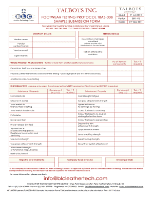 Fillable Online Talbots Footwear protocol sample submission form 2011 ...