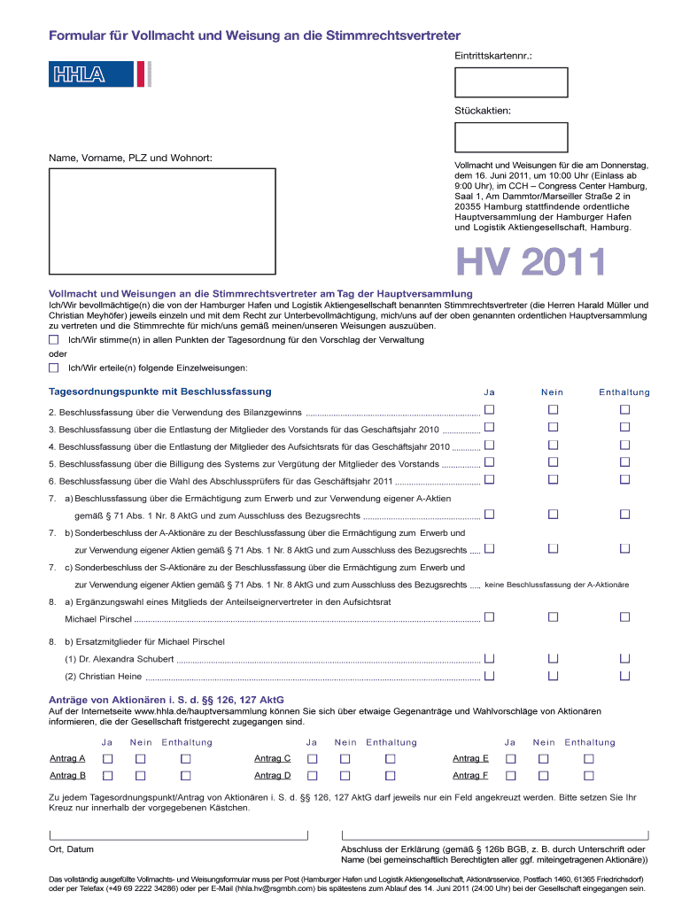 Ausfüllbar Online hhla Formular fr Vollmacht und Weisung an die Stimmrechtsvertreter Fax Email ...