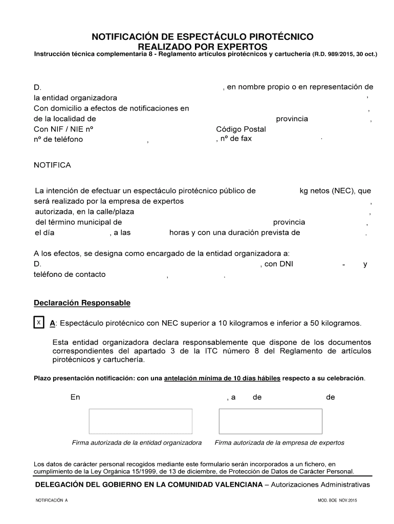 Fillable Online Tipo A: Modelo de notificaci n de espect culo pirot cnico realizado ... Fax ...