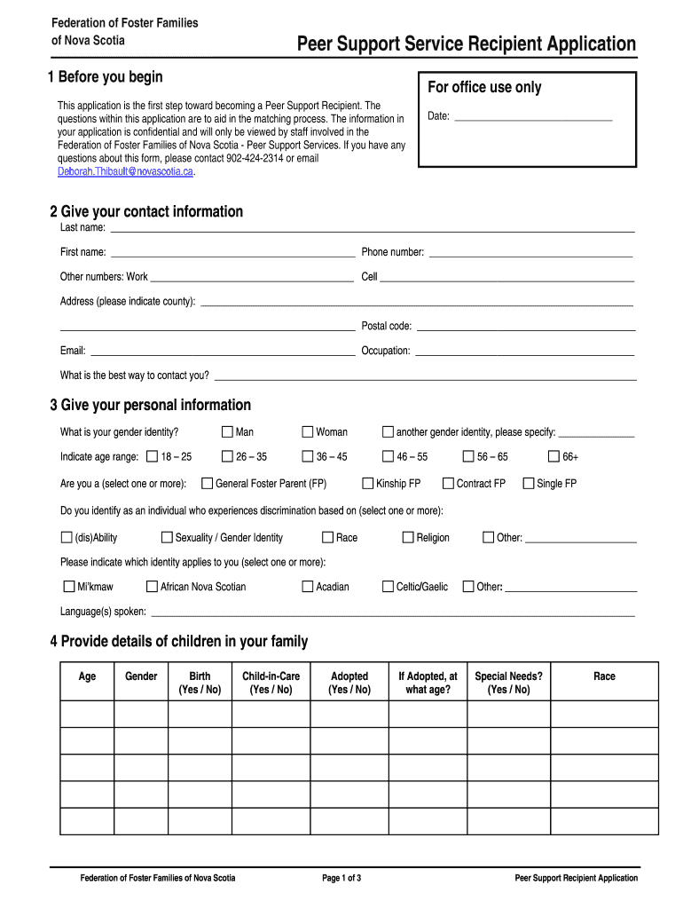 Fillable Online Peer Support Service Recipient Application - Federation ...