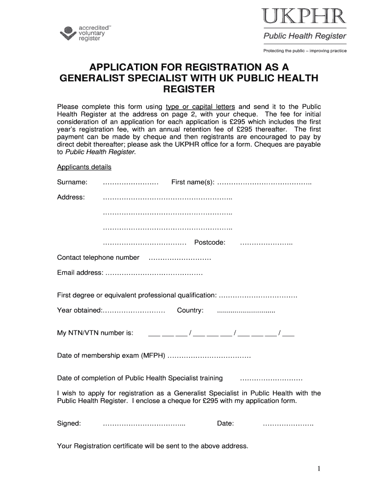 Fillable Online ukphr APPLICATION FOR REGISTRATION AS A GENERALIST ...