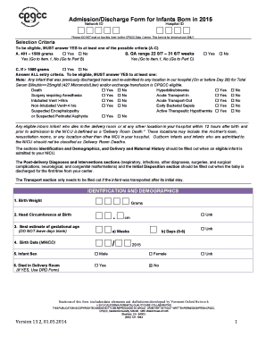 Fillable Online cpqcc AdmissionDischarge Form for Infants Born in 2015 ...