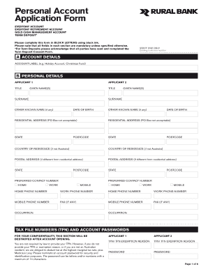 Fillable Online Personal Account Application Form - Rural Bank Fax Email Print - pdfFiller