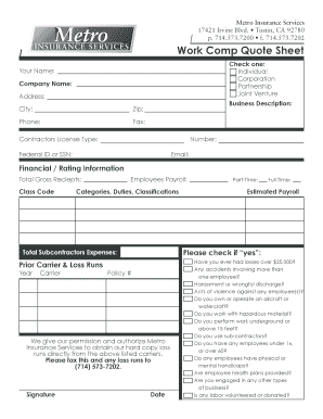 Fillable Online Work Comp Quote Sheet - Metro Insurance Services Fax ...
