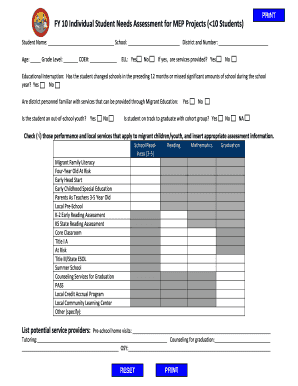 Fillable Online ksmigrant Individual Student Needs Assessment Form ...
