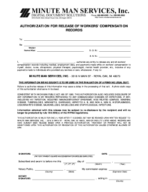 Fillable Online AUTHORIZATION FOR RELEASE OF WORKERS COMPENSATION ...