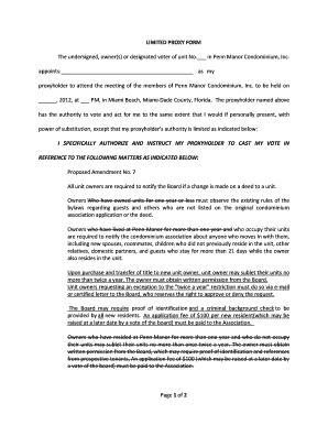 Fillable Online LIMITED PROXY FORM - bpennmanorcondominiumbbcomb Fax ...