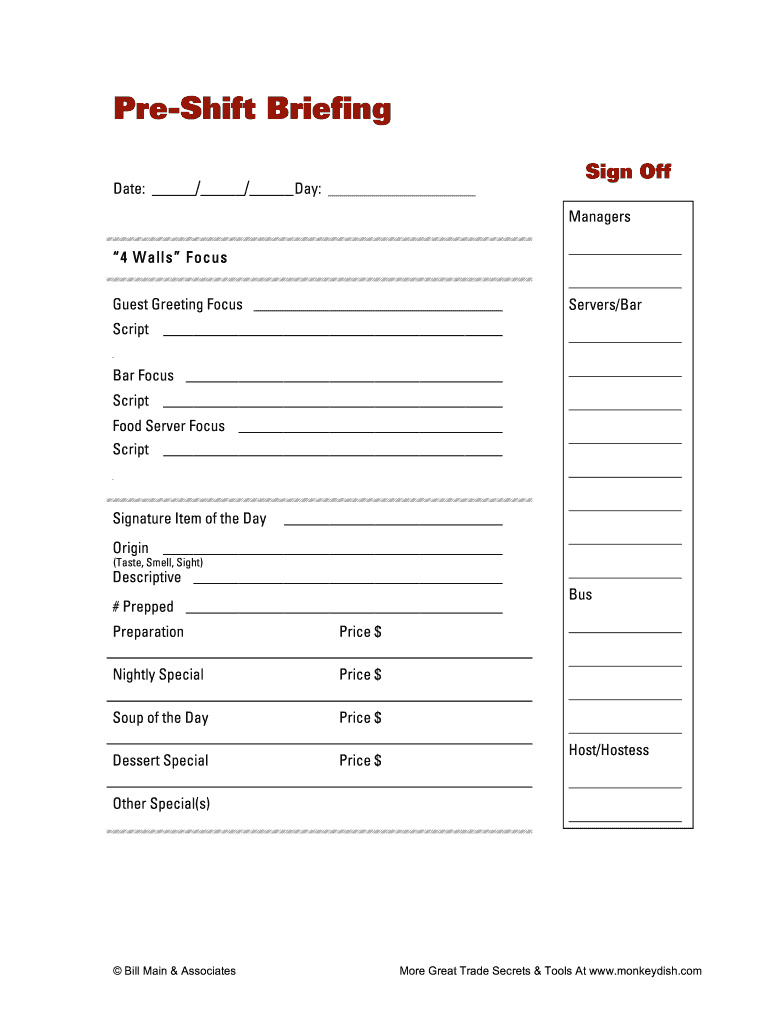Printable Pre Shift Briefing Template Printable Templates