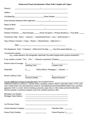 Fillable Online HomeownerTenant Questionnaire Please Fully Complete all ...