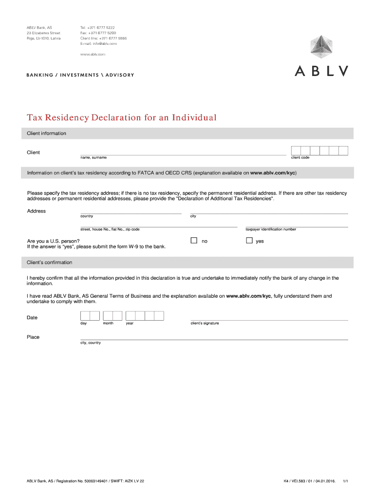 Fillable Online Tax Residency Declaration for an Individual - ABLV Bank ...