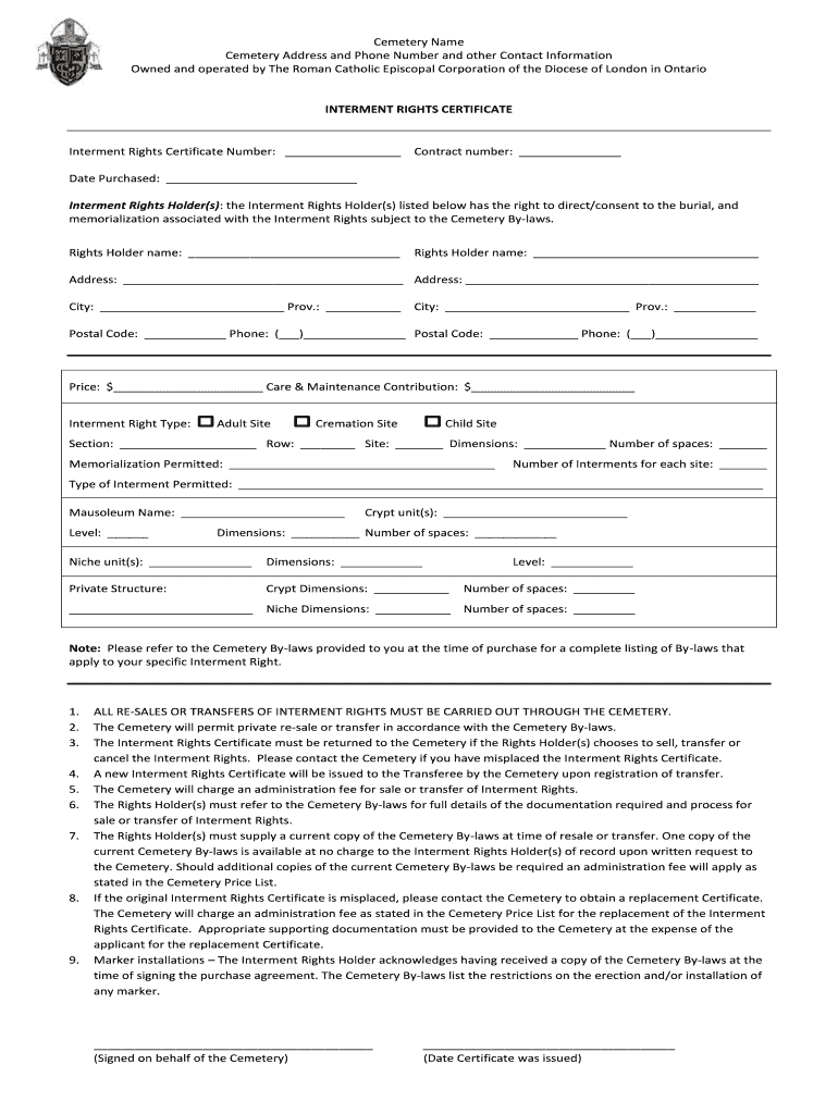 Fillable Online Interment Rights Certificate - Diocese of London Fax ...
