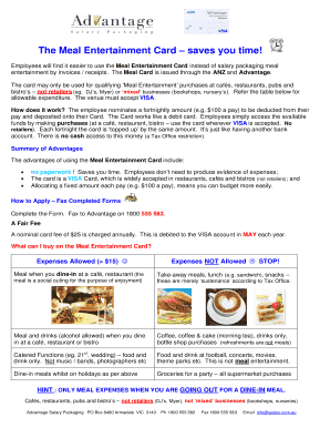 Fillable Online Meal Card Form Aug 2010 - Advantage bSalaryb Packaging ...